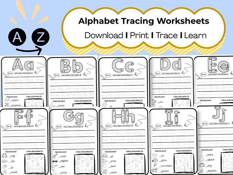 Alphabet Tracing Worksheets A-Z: Handwriting Practice (PDF Printable ...