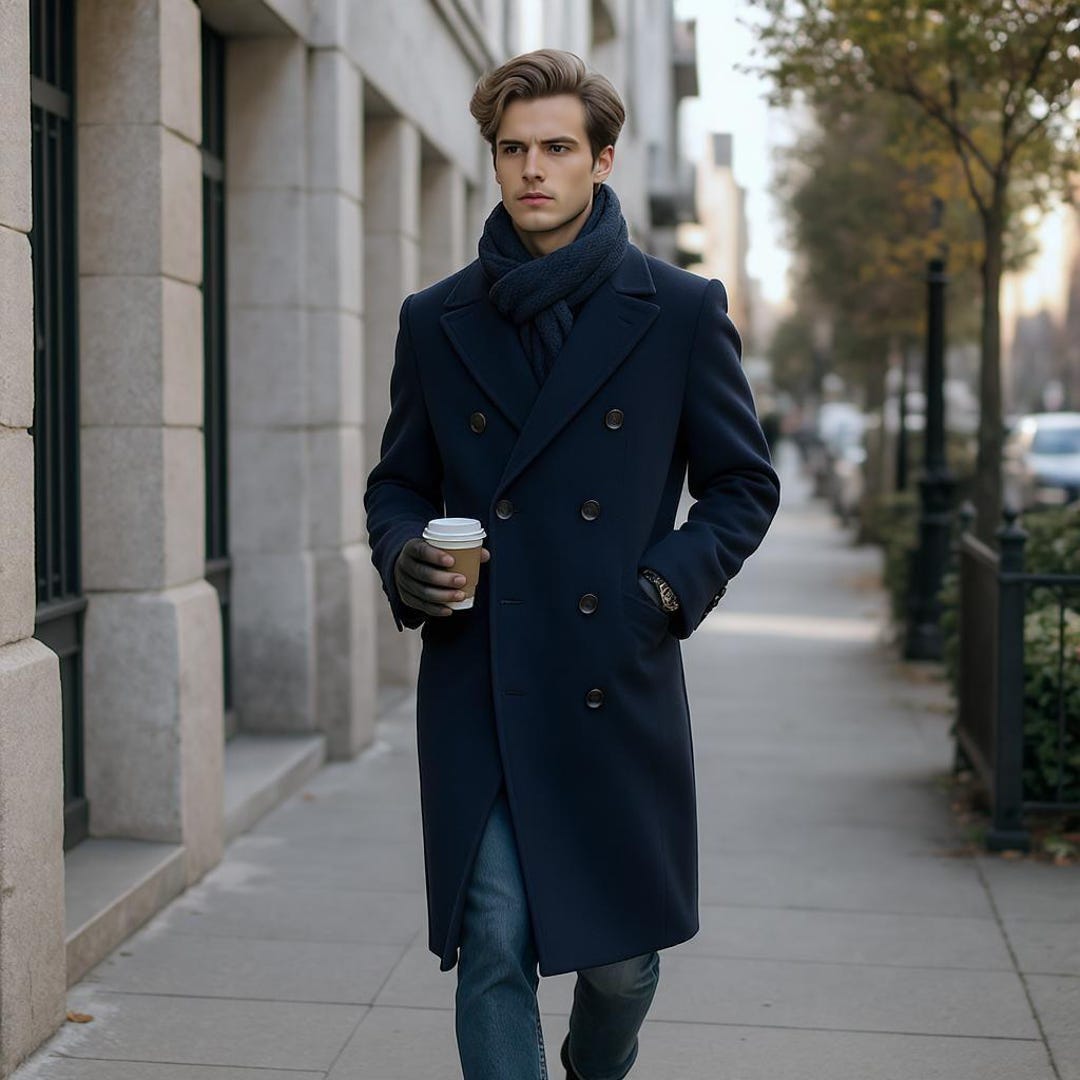 Men's Wool Overcoat: Navy Blue Melton Knee Length Peak Lapel Long Blue ...