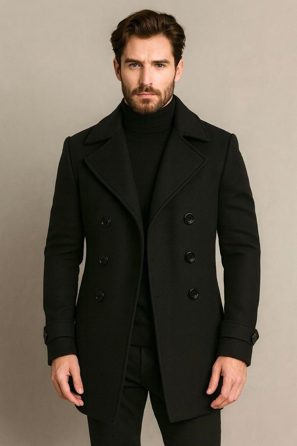Men's Wool Melton Overcoat: Knee Length Trench Coat Long Black Outfit ...