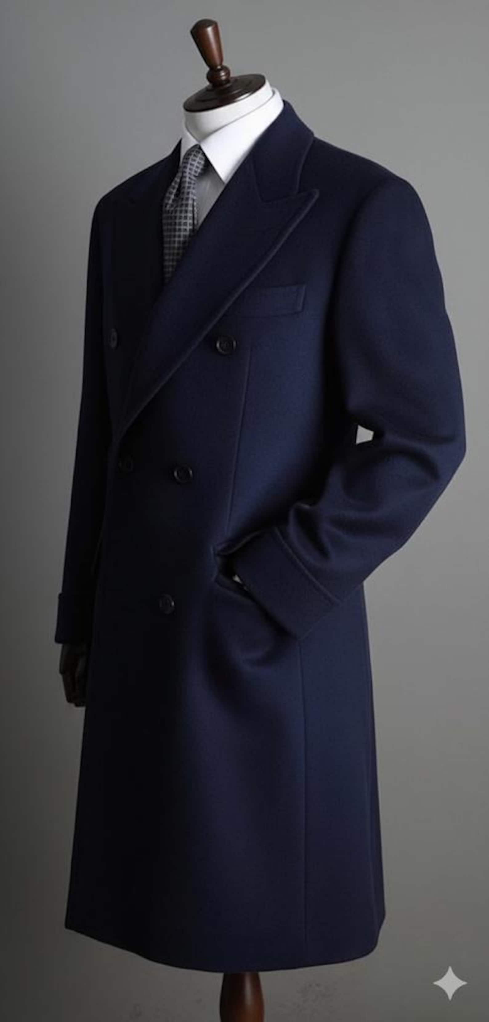 Men's Wool Overcoat: Navy Blue Melton Knee Length Peak Lapel Winter ...