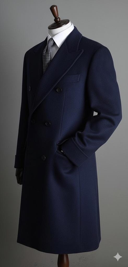 Men's Wool Overcoat: Navy Blue Melton Knee Length Peak Lapel Winter ...