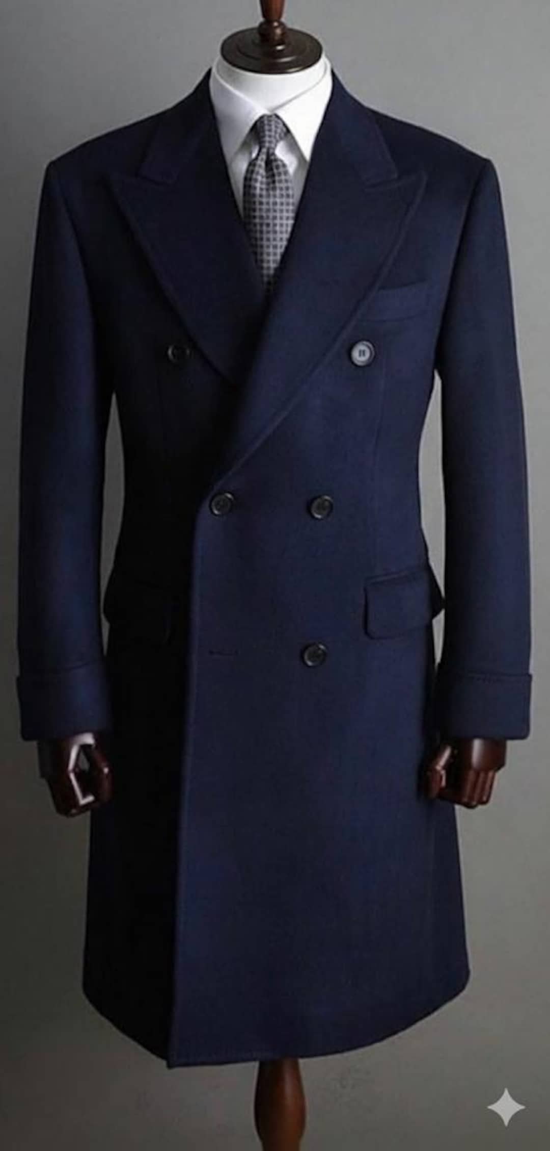 Men's Wool Overcoat: Navy Blue Melton Knee Length Peak Lapel Winter ...