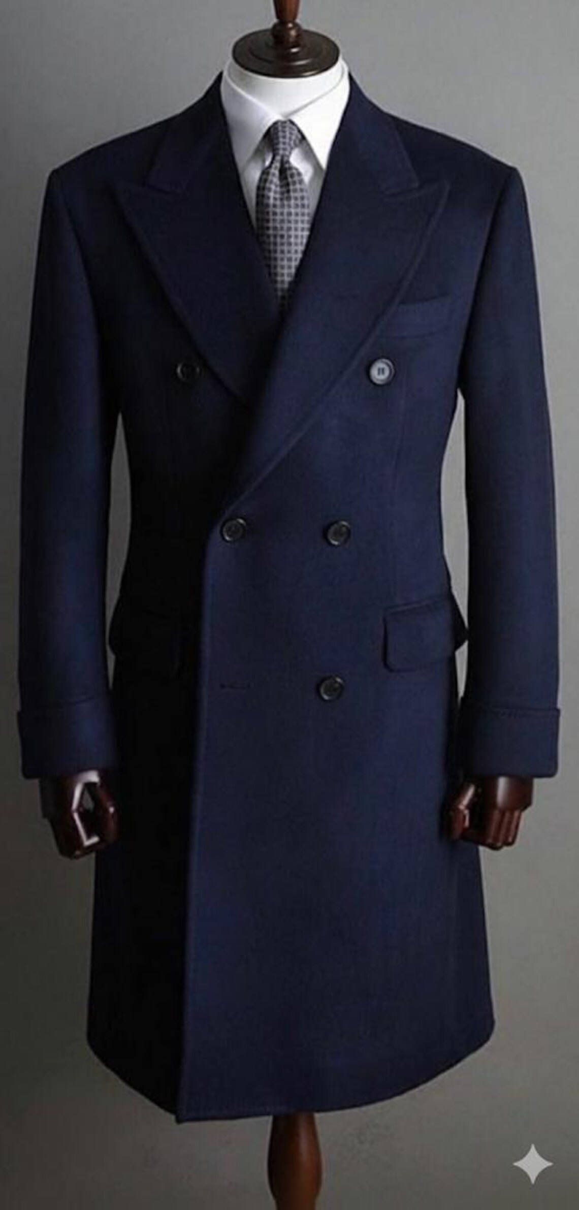 Men's Wool Overcoat: Navy Blue Melton Knee Length Peak Lapel Winter ...