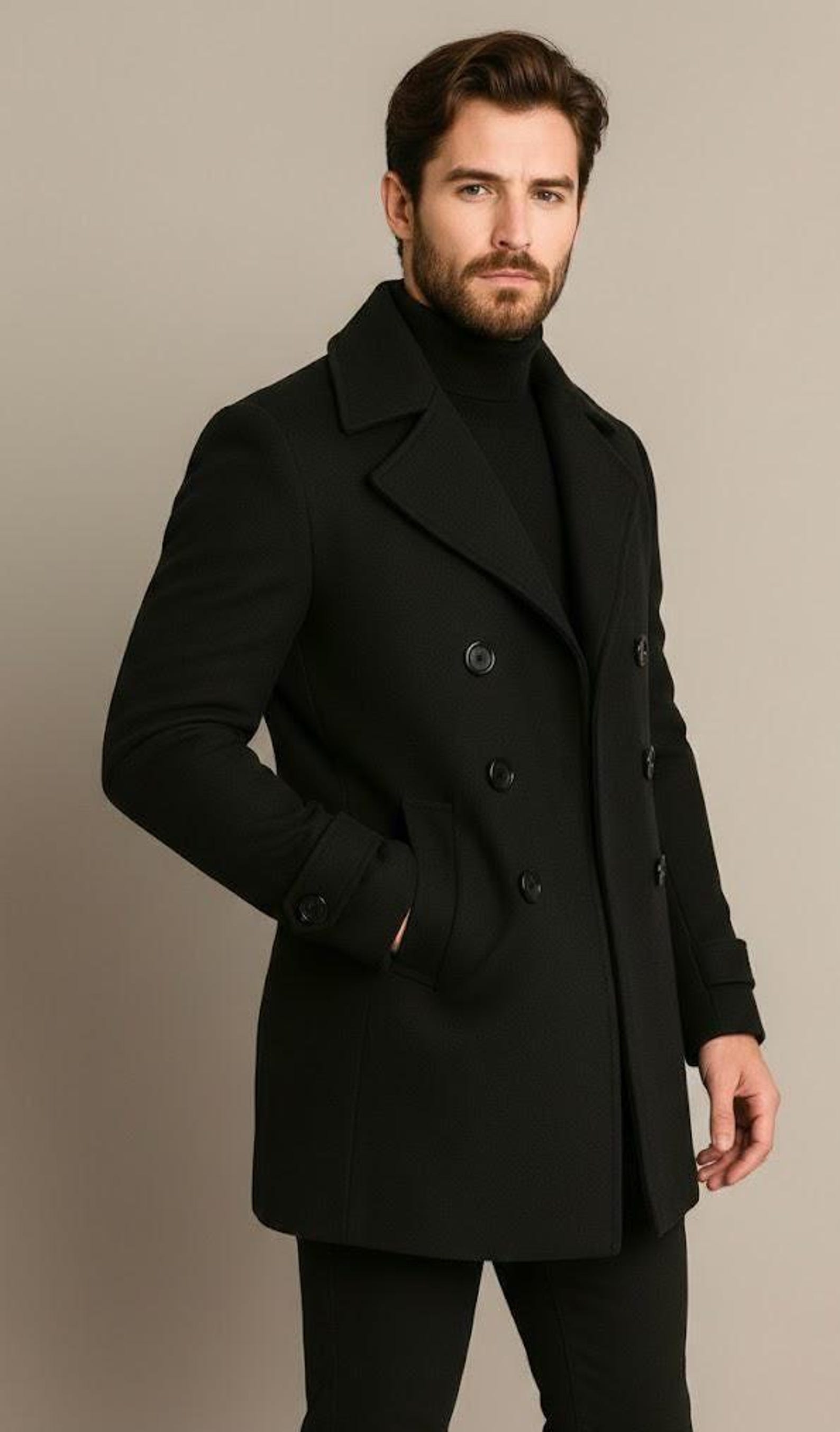 Men's Wool Melton Overcoat: Knee Length Trench Coat Long Black Outfit ...