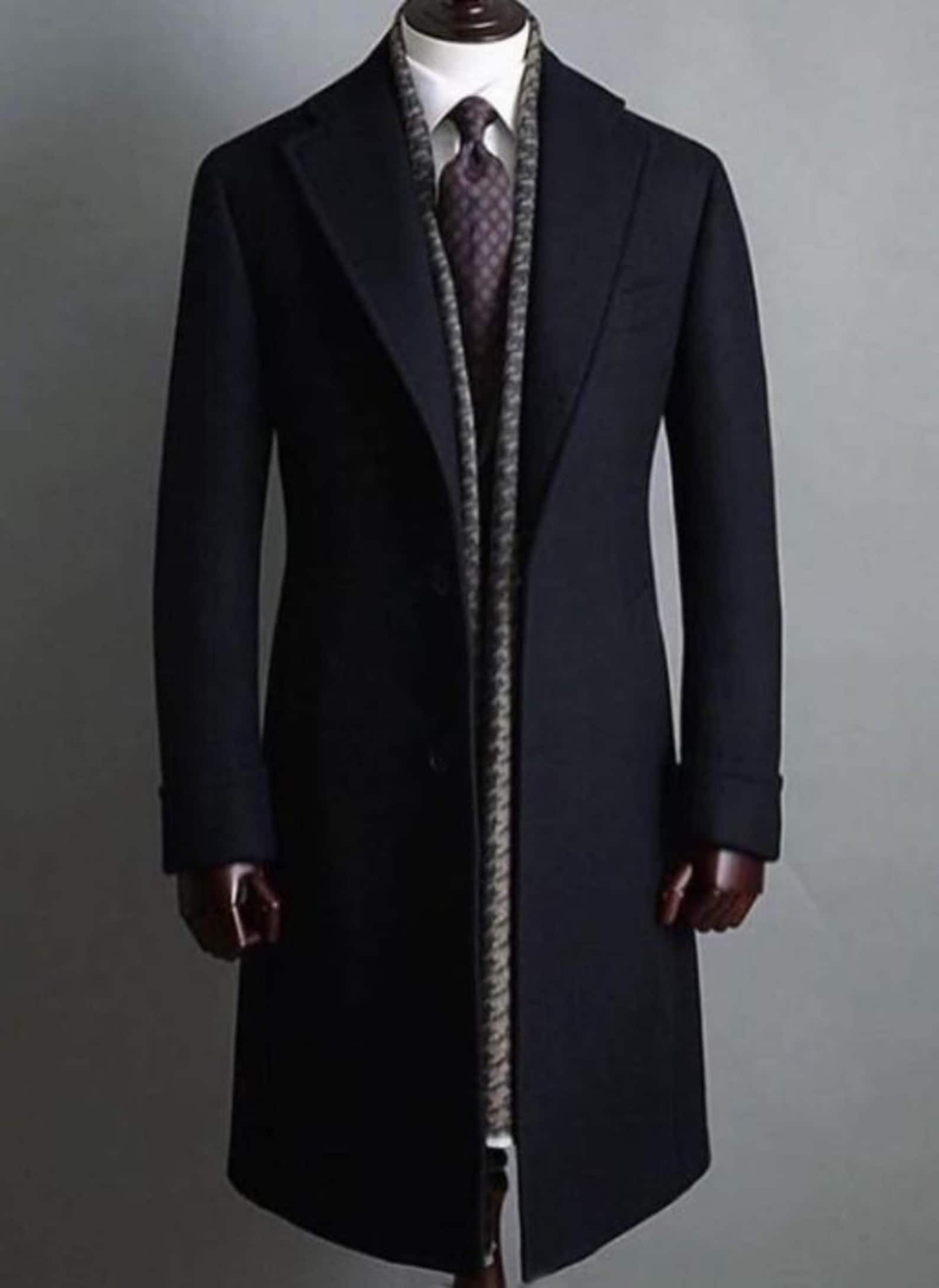 Men's Wool Melton Overcoat: Knee Length Peak Lapel - Black, Navy, Red ...