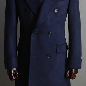 Men's Wool Overcoat: Navy Blue Melton Knee Length Peak Lapel Winter ...