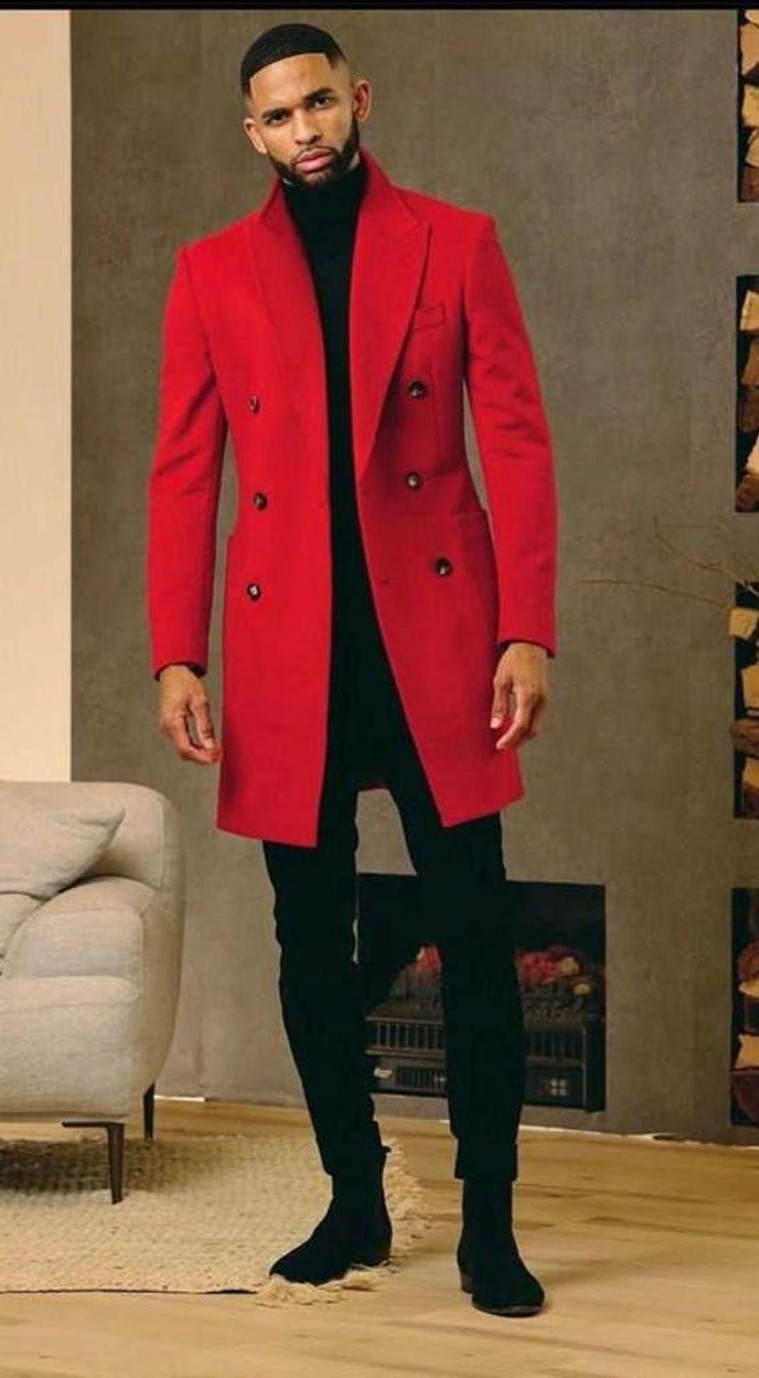 Men's Wool Overcoat: Red Melton Knee Length Peak Lapel - Etsy
