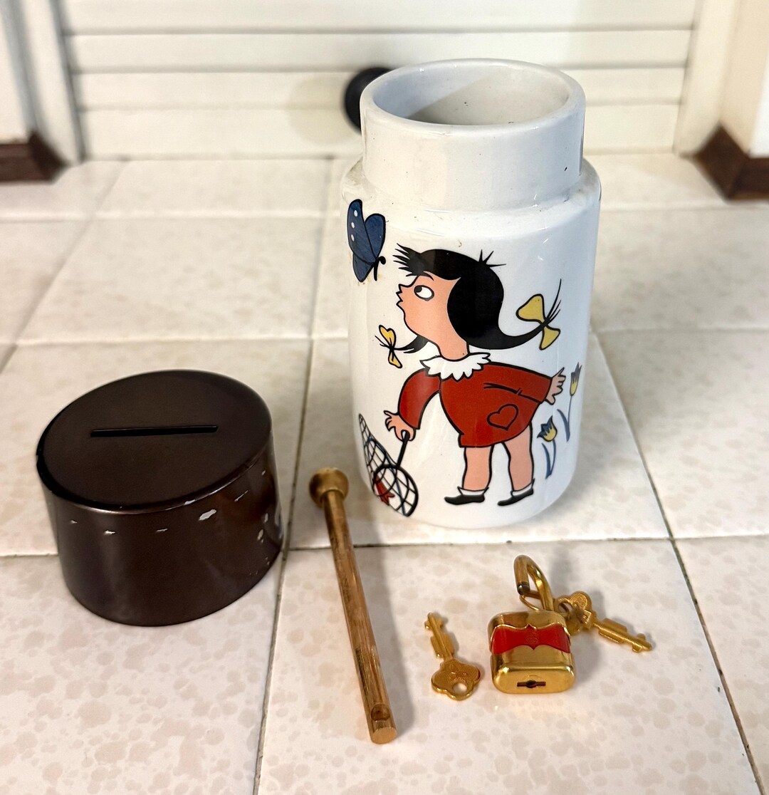 Rare 1960s West German Lock Ceramic Bank: Whimsical Boy and Girl Design ...