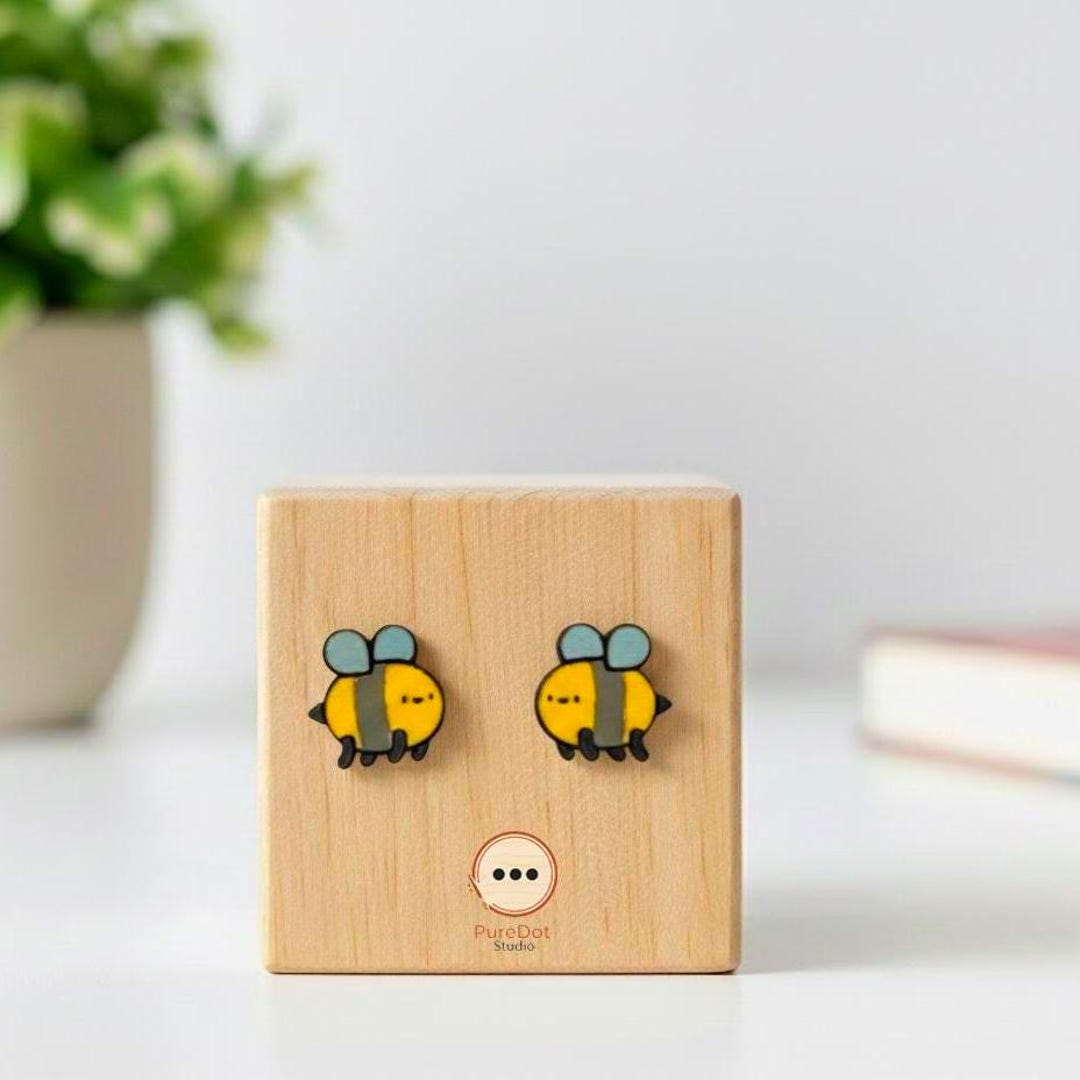 Honey Bee Studs • Hand Painted Wood Jewelry • Minimalist Bumblebee ...
