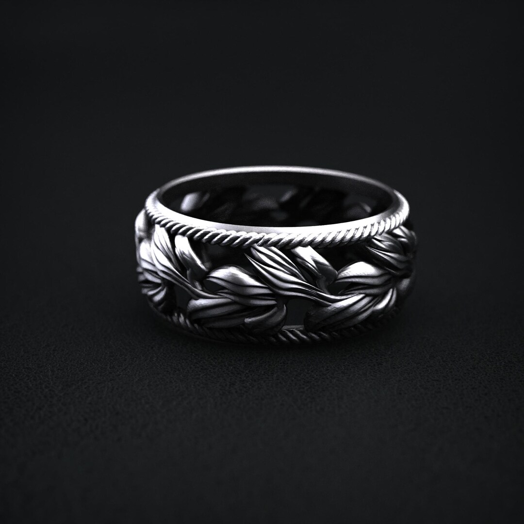 Leaf Pattern Silver Ring, Nature Inspired Band, Botanical Carved Ring ...