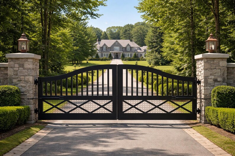 Arched Diamond Driveway Gate: Wrought Iron Estate Entry | Coastal ...