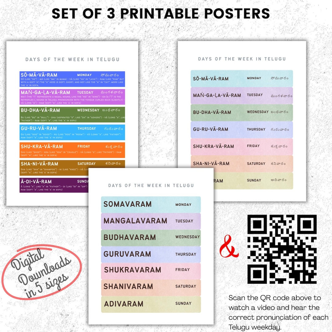 Telugu Weekdays Poster Set: English Pronunciation, Kids Learning ...