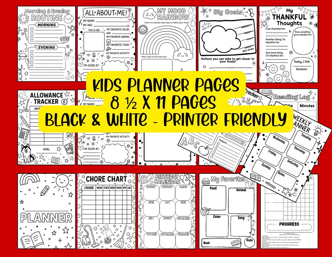 Printable Kids Planner Pages | Black & White Ink-saver (PDF Digital ...