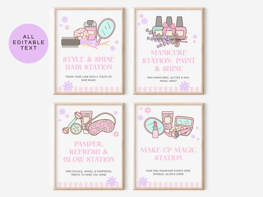 Editable Spa Birthday Signs, Pink Pamper Party Table Signs Bundle ...