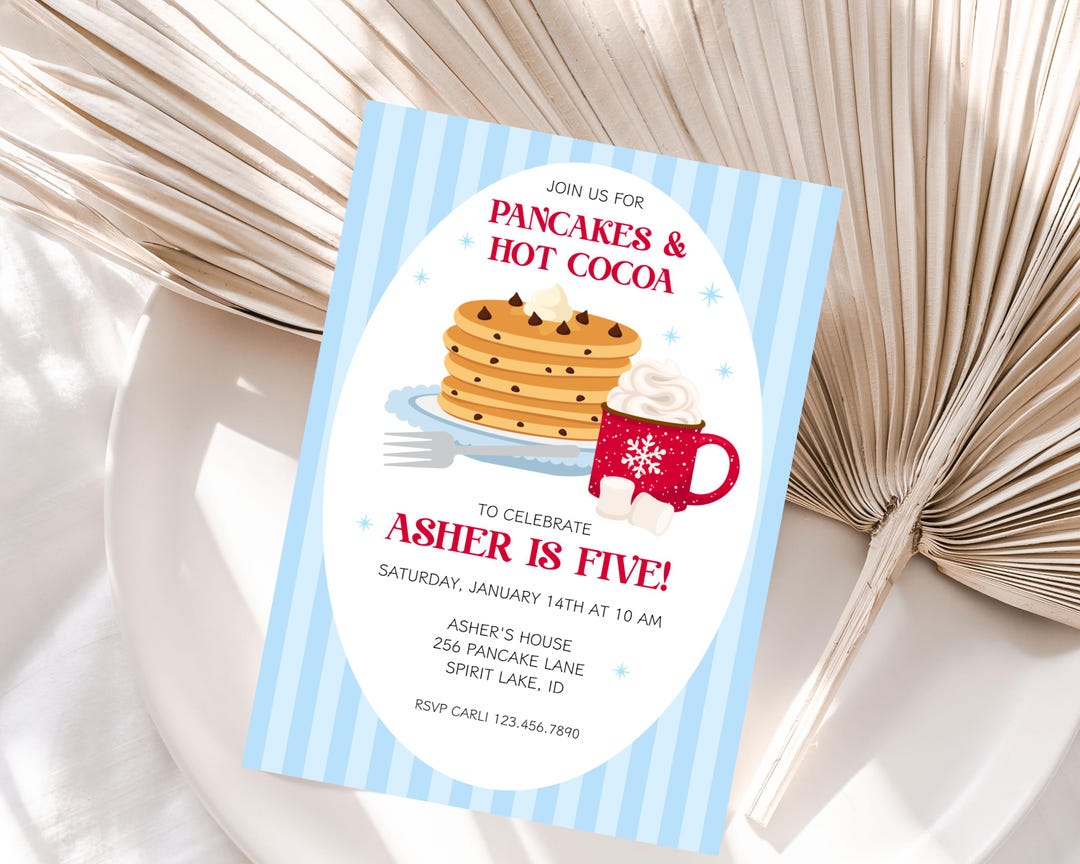 Pancake Breakfast Birthday Invite, Hot Cocoa & Pancakes Invitation ...