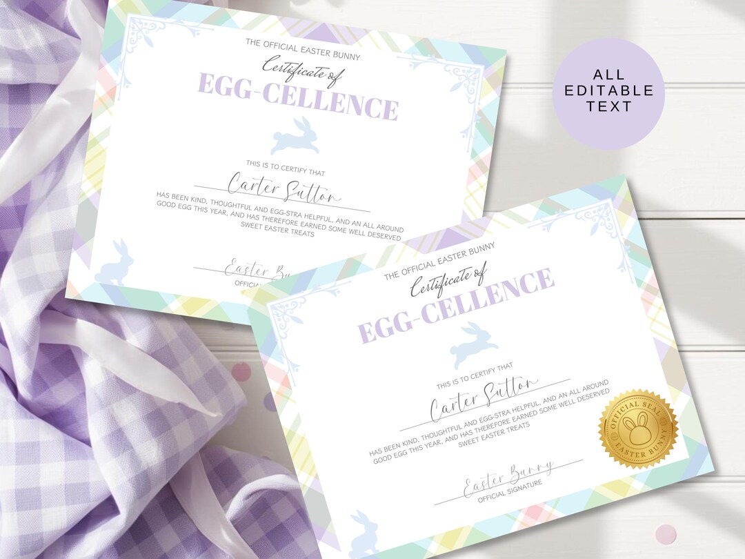 Official Certificate of Egg-cellence, Editable Easter Bunny Certificate ...