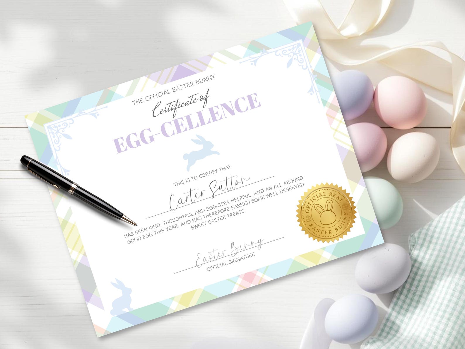 Official Certificate of Egg-cellence, Editable Easter Bunny Certificate ...