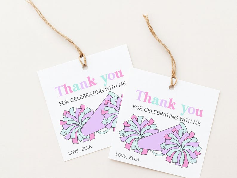 Cheerleader Birthday Thank You Tag, Cheer Party Favor Tag, Birthday ...