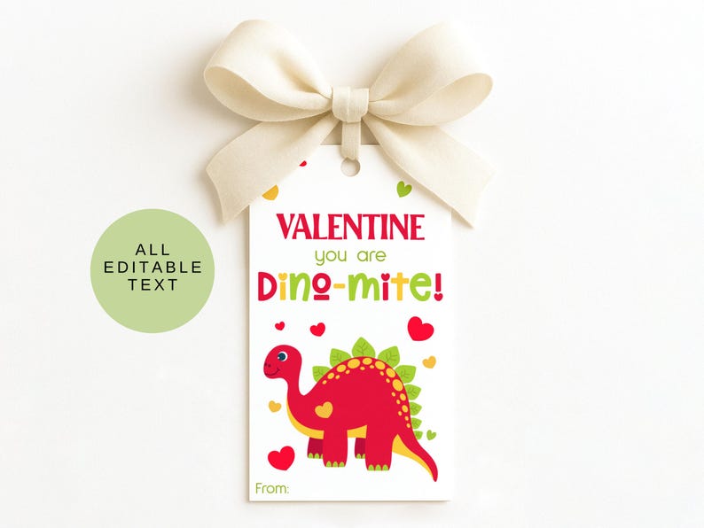 Editable Dinosaur Valentine Gift Tag, Printable Kids Valentine's, Dino ...