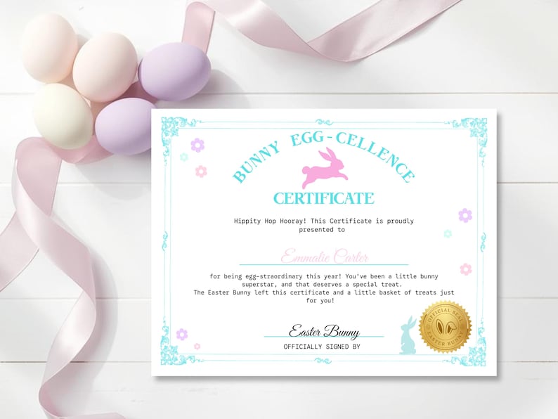 Editable Easter Bunny Certificate, Kids Easter Basket Award (digital ...