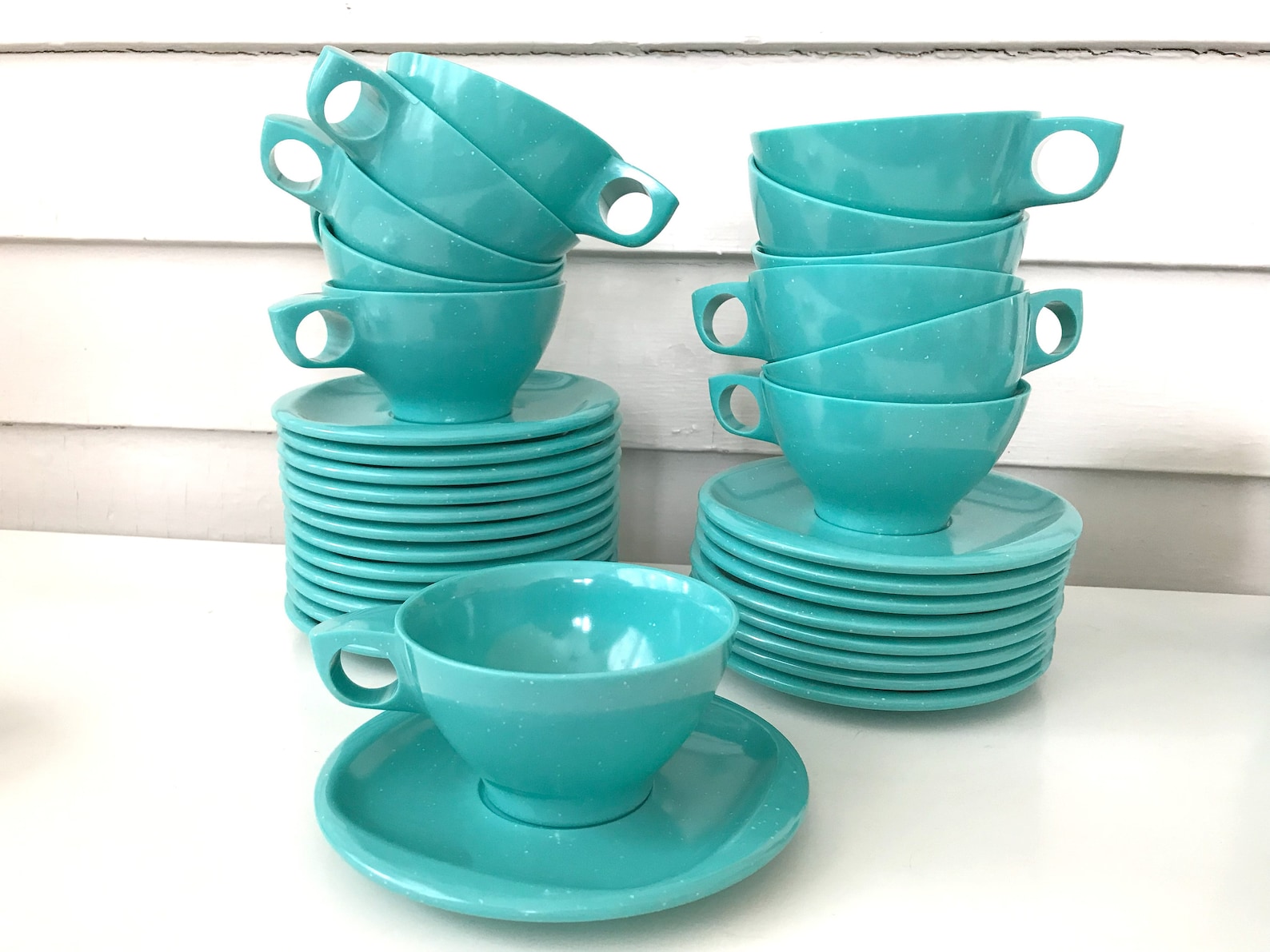 Vintage Boontonware Cups and Saucers, Turquoise Blue Speckled With ...