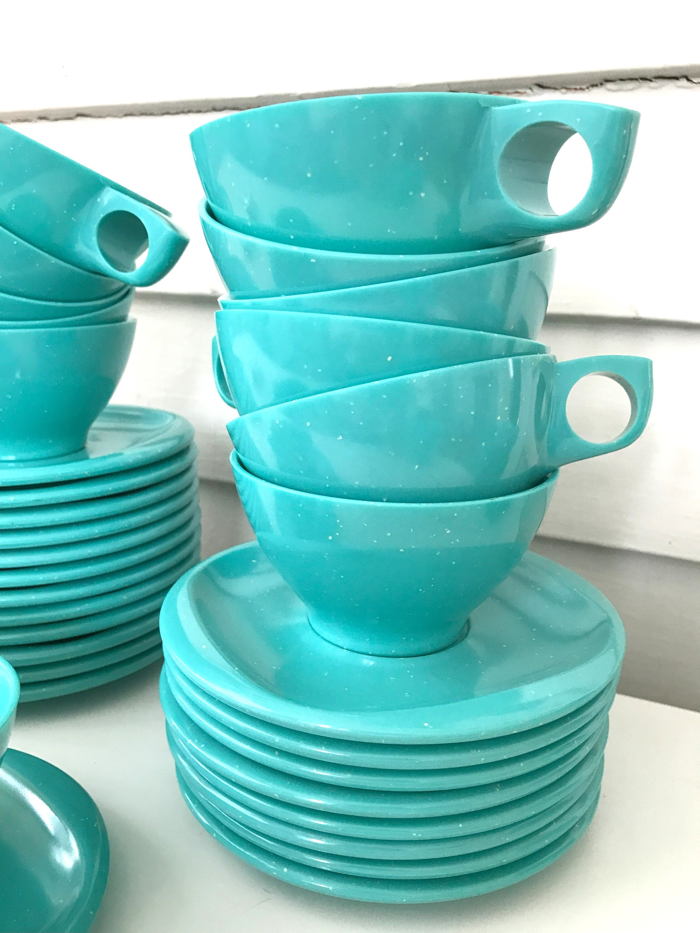 Vintage Boontonware Cups and Saucers, Turquoise Blue Speckled With ...
