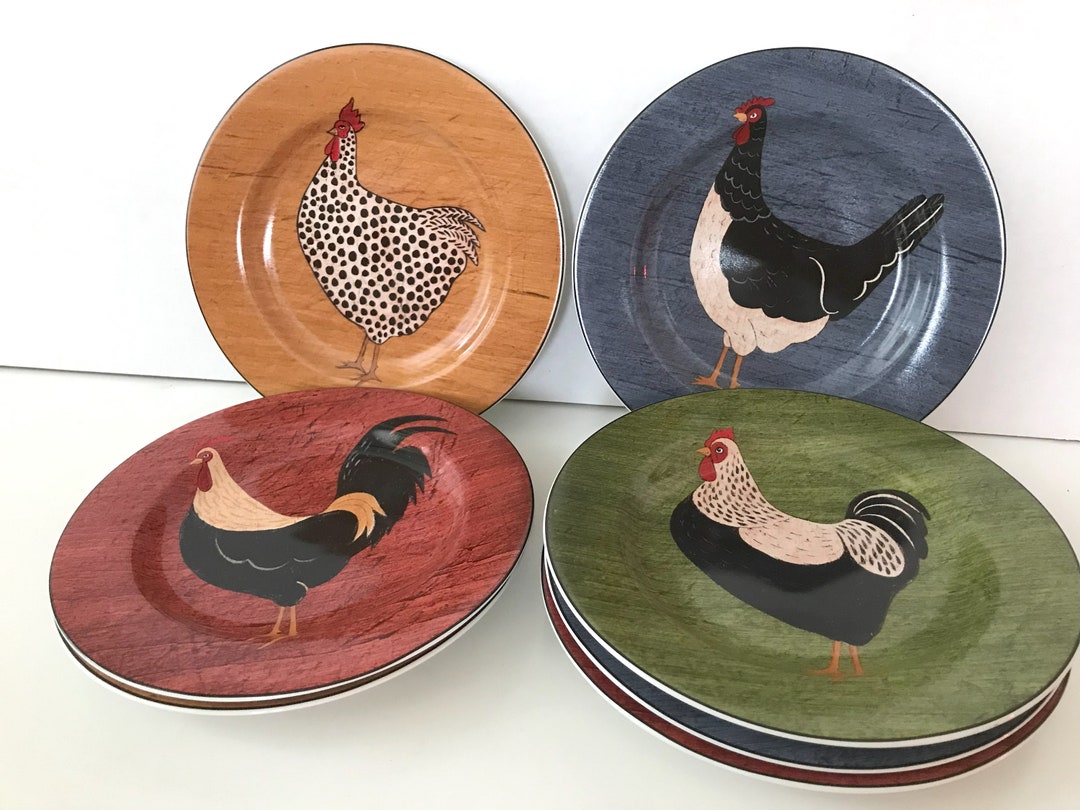 Rooster Chicken Stoneware Salad Plates, Colorful Set of 7 Sakura Dishes ...