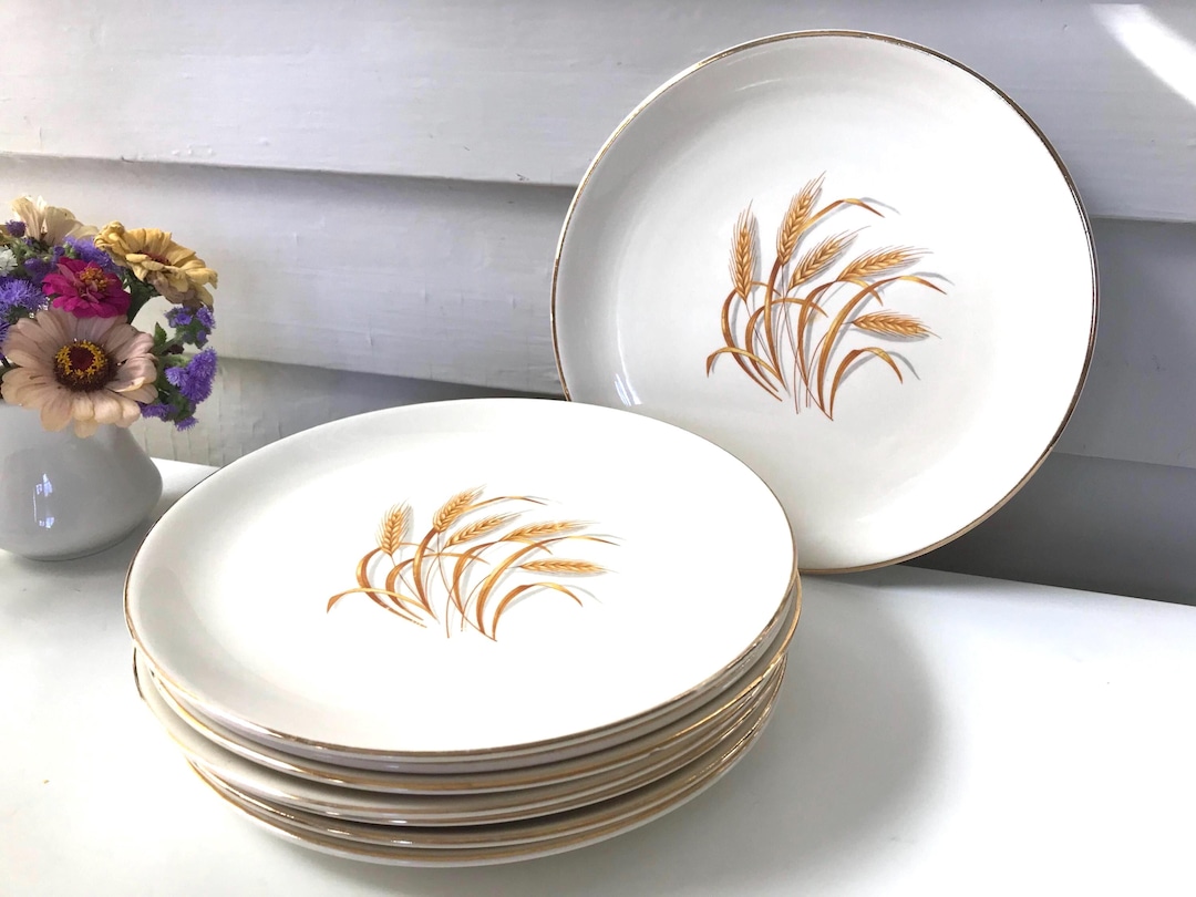 SET of EIGHT Golden Wheat China Dinner Plates, 9-inch Midcentury ...