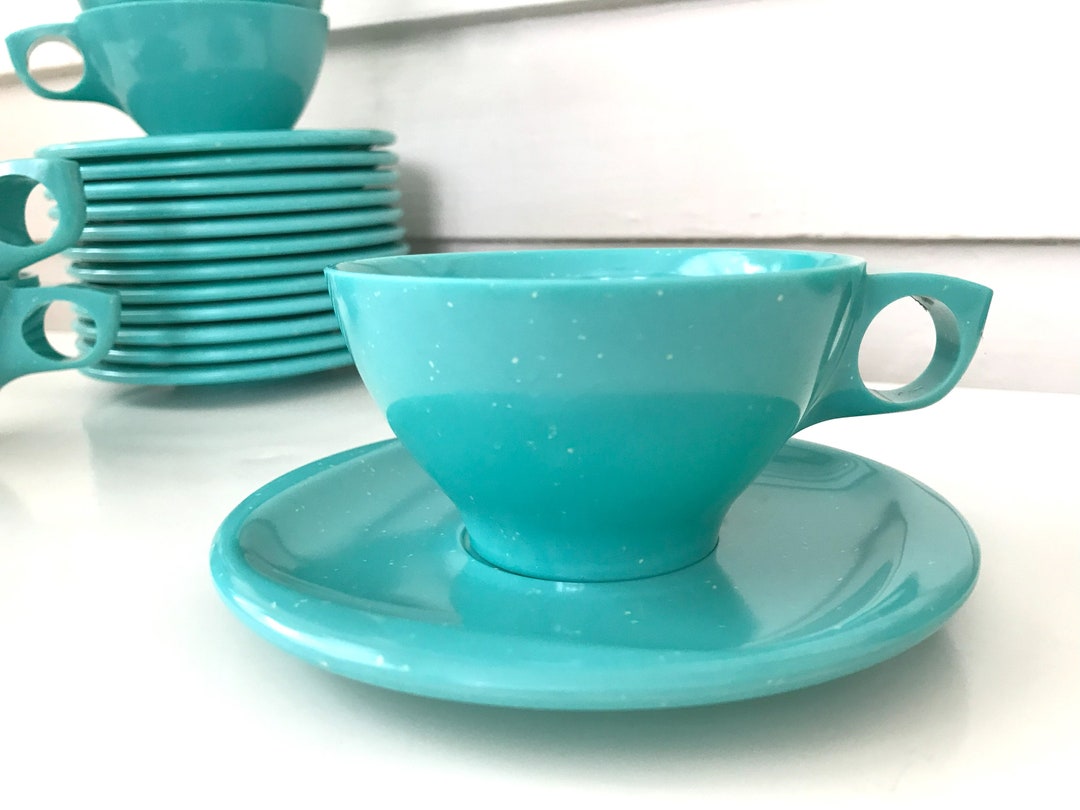 Vintage Boontonware Cups and Saucers, Turquoise Blue Speckled With ...