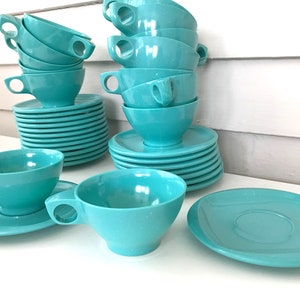 Vintage Boontonware Cups and Saucers, Turquoise Blue Speckled With ...