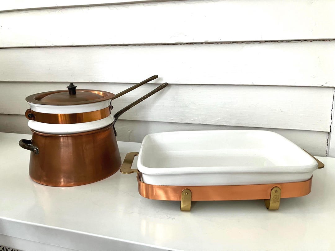 Vintage Copper and Porcelain Double Boiler With Lid and Casserole Dish ...