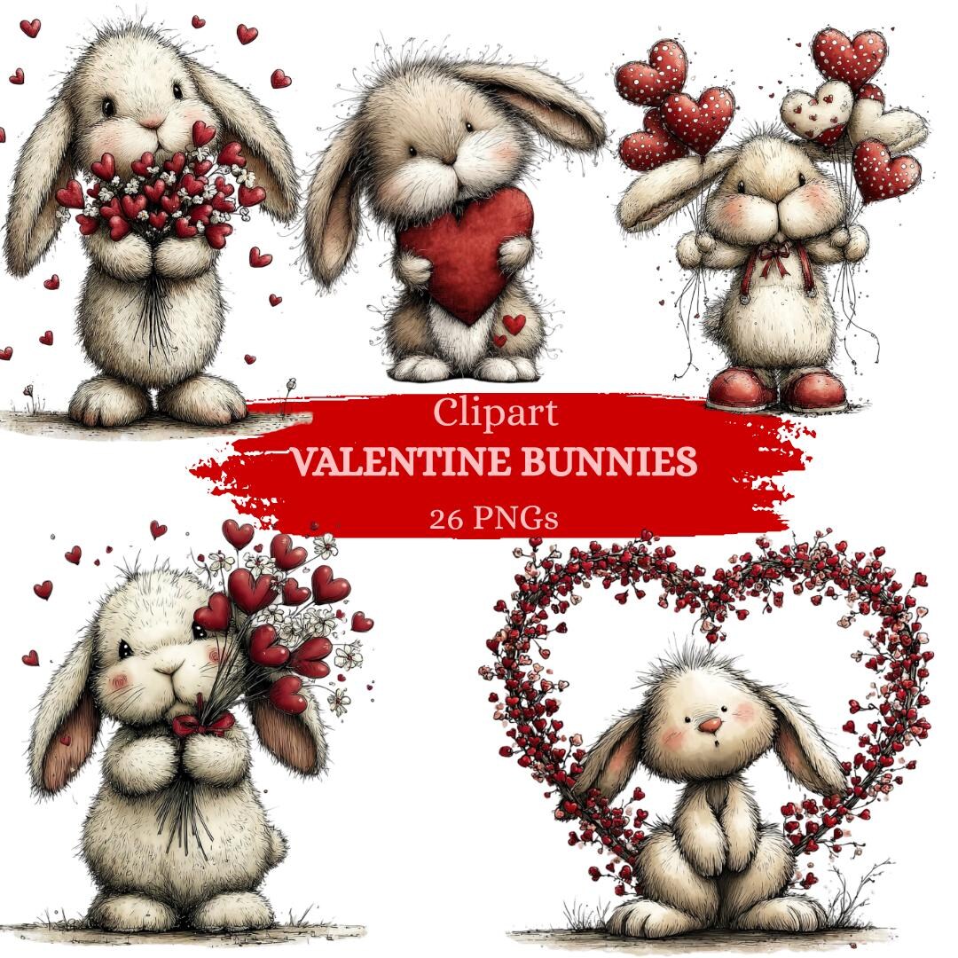 Valentine's Day Bunnies Clipart, Love Graphics, Digital Download 26 ...