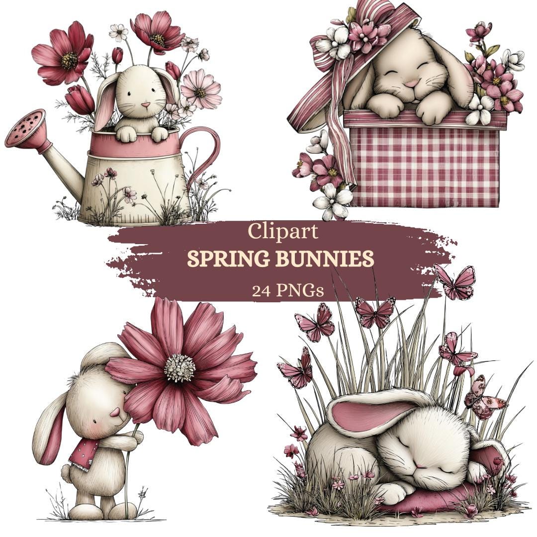 Whimsical Spring Bunnies Clipart, Spring Graphics, Digital Download 24 ...