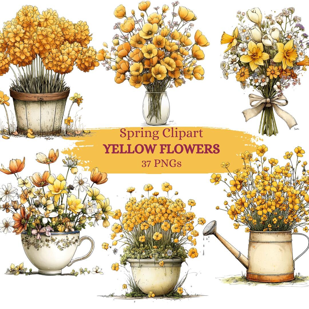 Yellow Spring Flowers Clipart, Nursery Flower Graphics, Digital ...