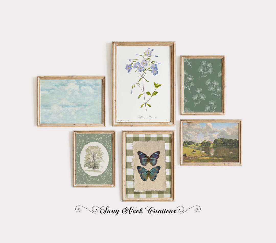 Sage Green Cottagecore Gallery Wall Set, Botanical & Butterfly Art ...