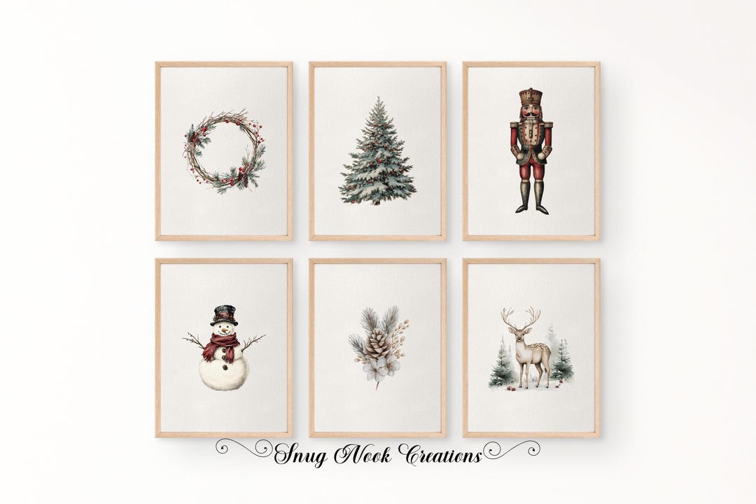 Christmas Wall Art Set of 6 | Neutral Holiday Prints | Wreath, Tree ...