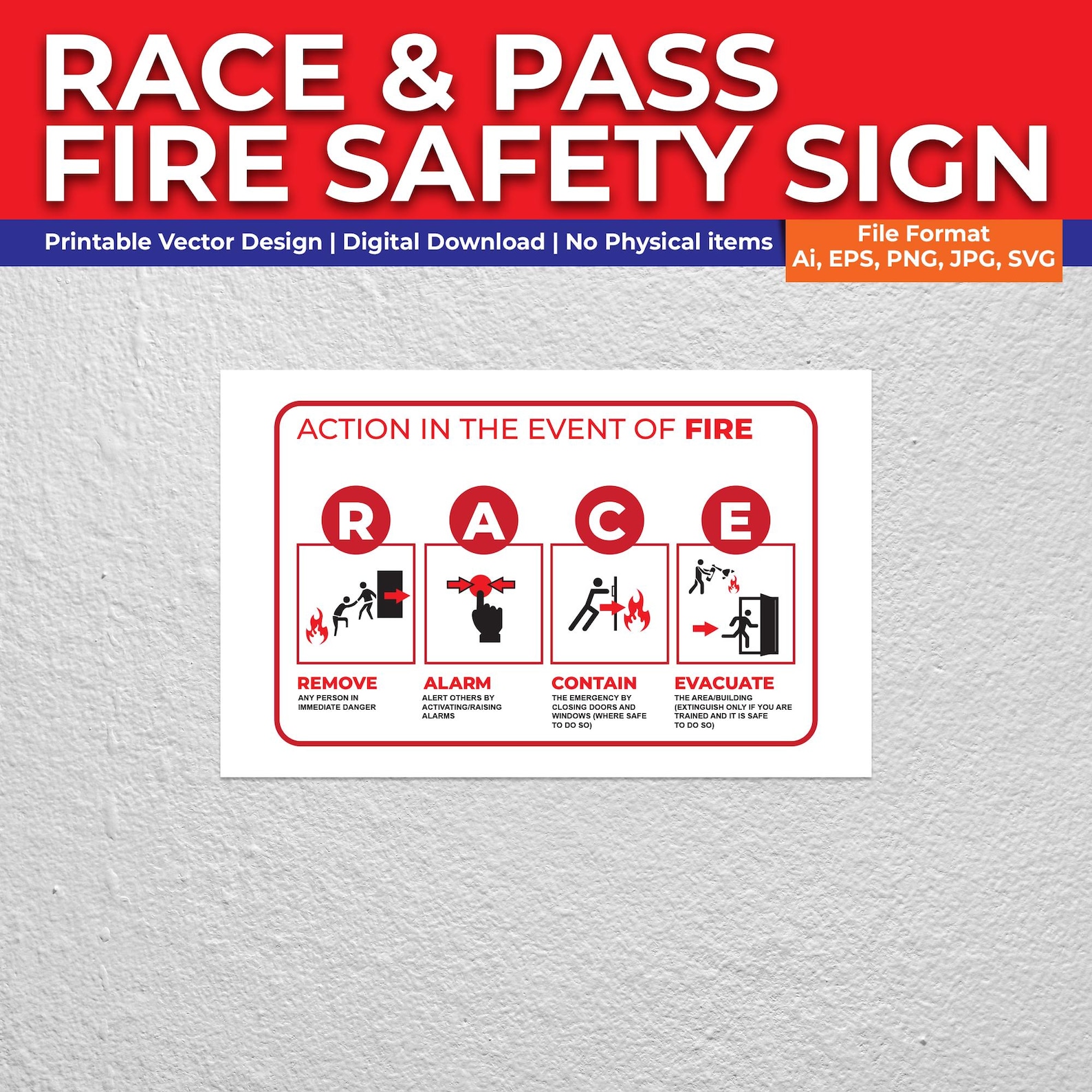 RACE & PASS Fire Safety Sign: Workplace Emergency Instructions (digital ...