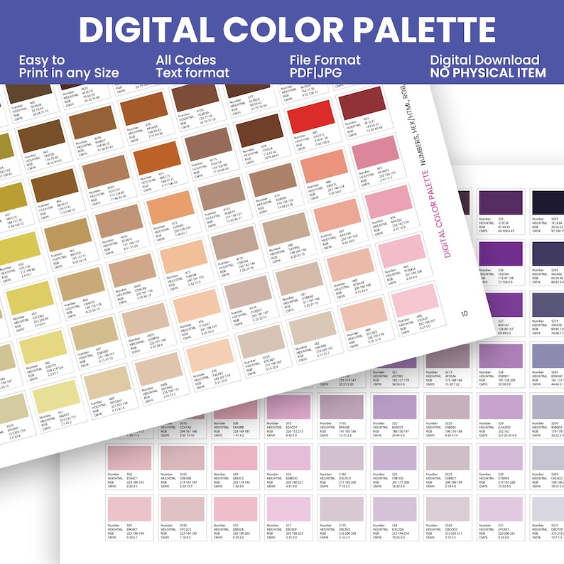 Digital Color Palette | Hex, Rgb, CMYK Codes | Printable Color Chart ...