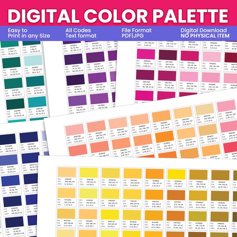 Digital Color Palette Chart | HEX RGB CMYK Color Codes | Printable ...