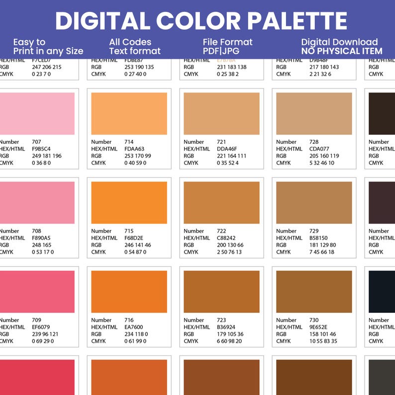 Digital Color Palette | Hex, Rgb, CMYK Codes | Printable Color Chart ...