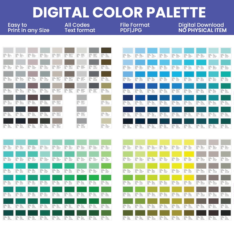 Digital Color Palette | Hex, Rgb, CMYK Codes | Printable Color Chart ...