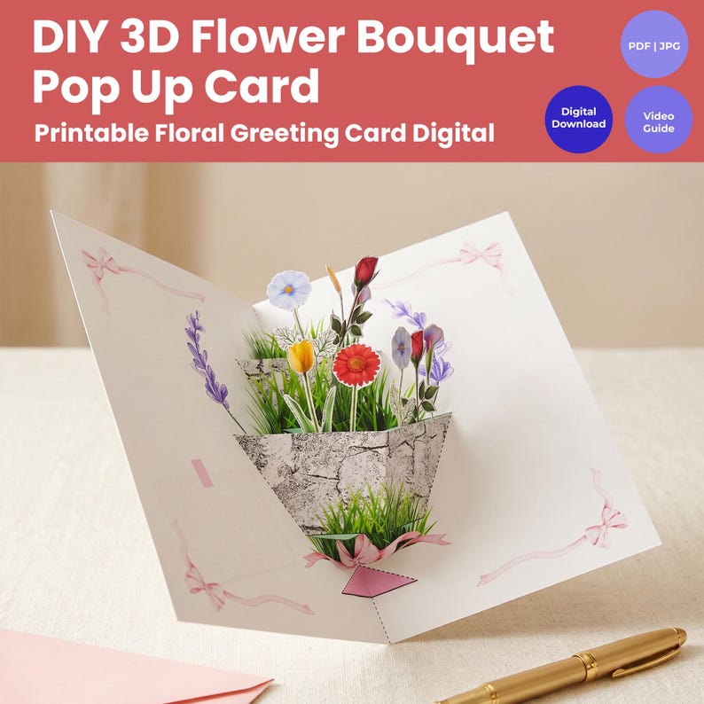3D Flower Bouquet Pop up Card Template | Printable Floral Greeting Card ...