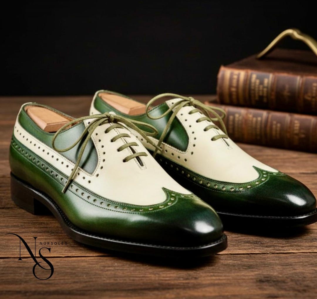Classic Handmade Green and White Leather Wingtip Brogues for Men - Etsy