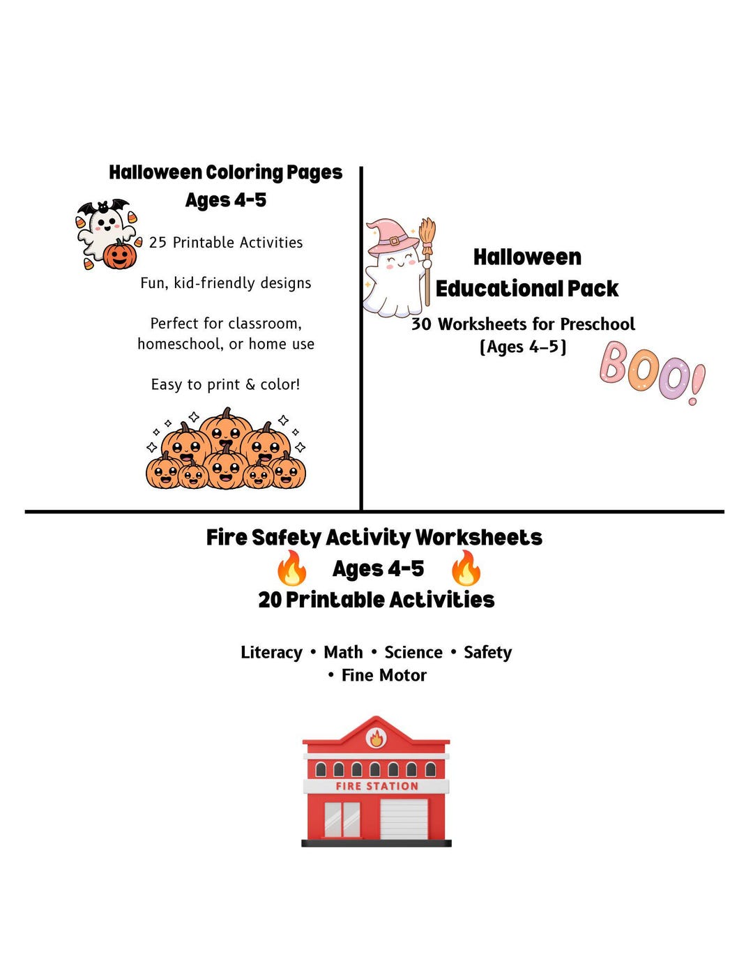 Halloween & Fire Safety Preschool Worksheets – Ages 4-5 (printable PDF ...