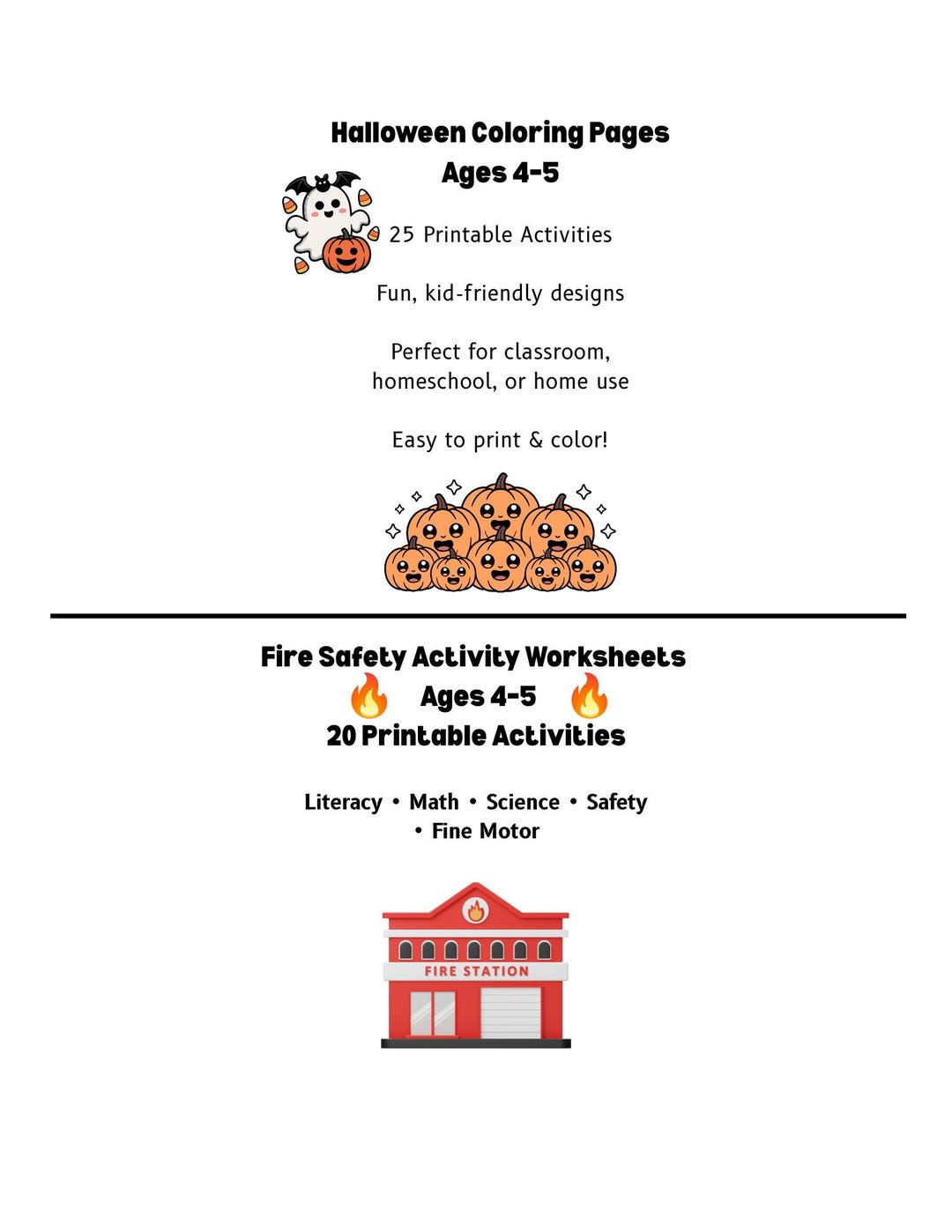Halloween & Fire Safety Worksheets Bundle for Kids 4-5 | 49 Preschool ...