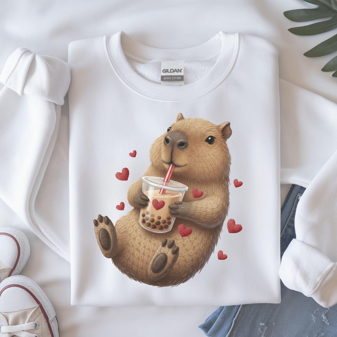 Capybara Boba Lover Valentine Crewneck, Bubble Tea Capybaras Sweatshirt ...