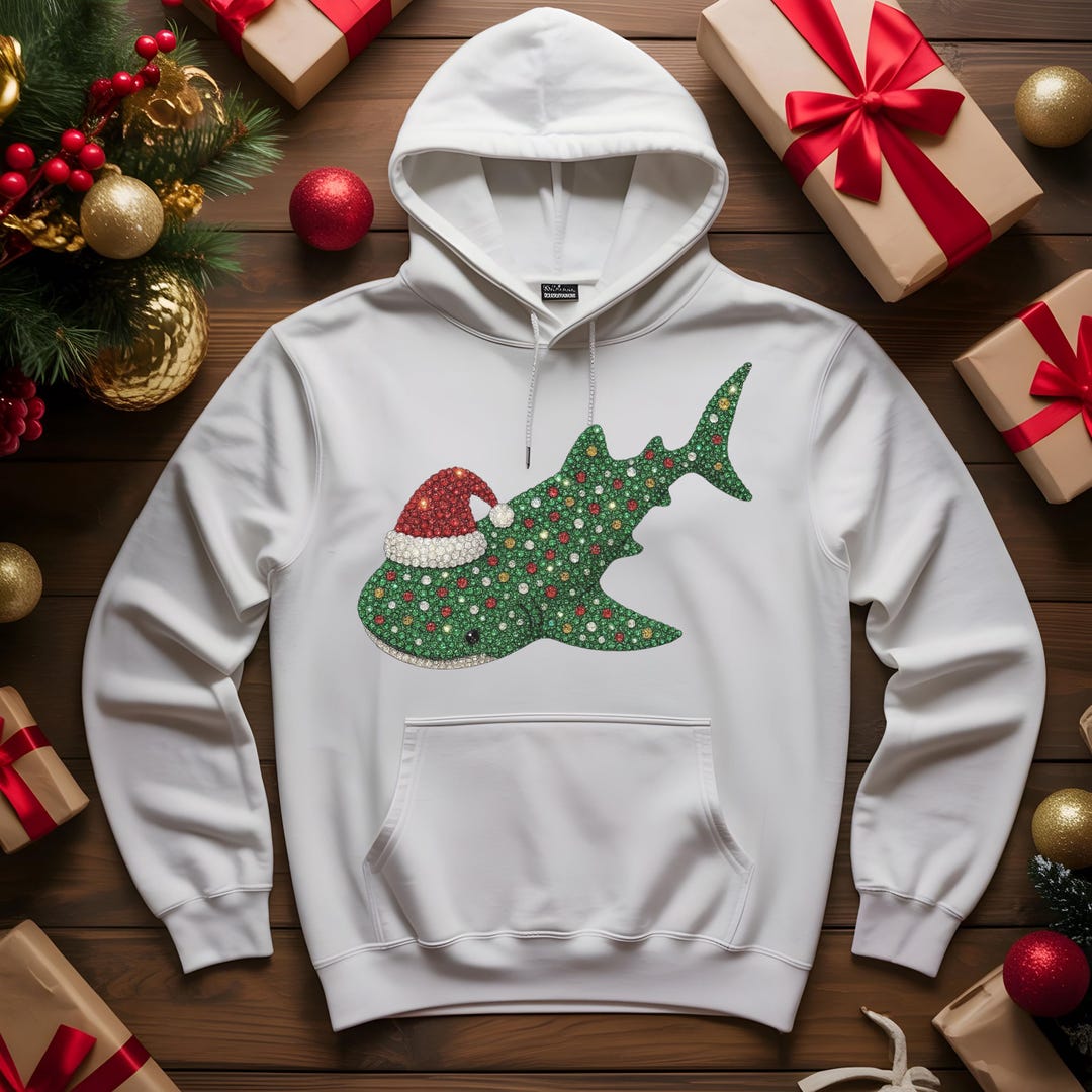 Christmas Whale Shark Santa Hoodie, Coastal Festive Bling Faux ...