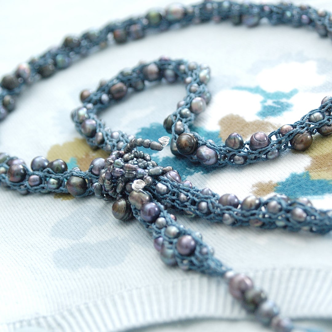Freshwater Pearls Yarn Necklace - Open End Design Hand-knitted From ...