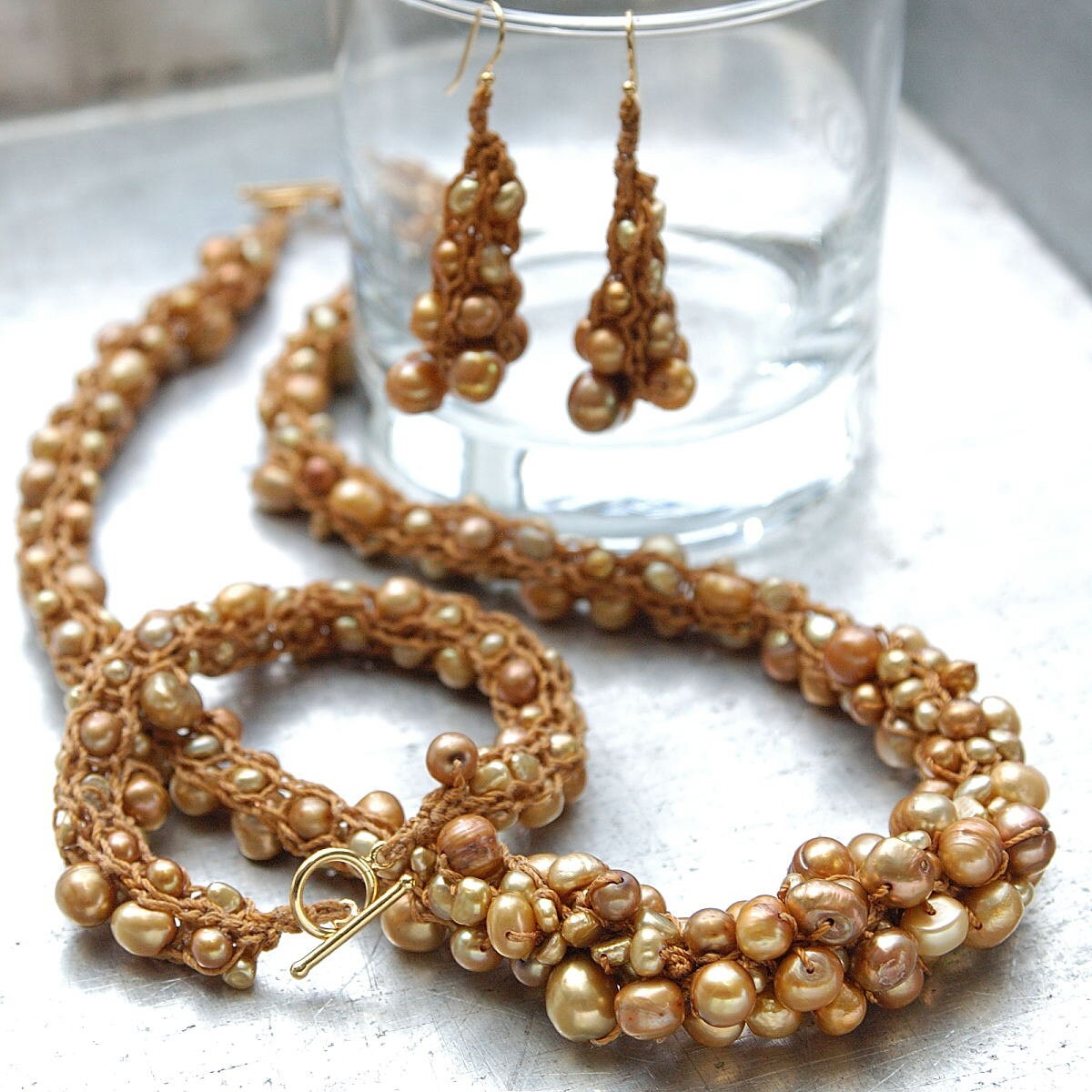 Freshwater Pearl Yarn Necklace Hand-knitted From Honey - Etsy