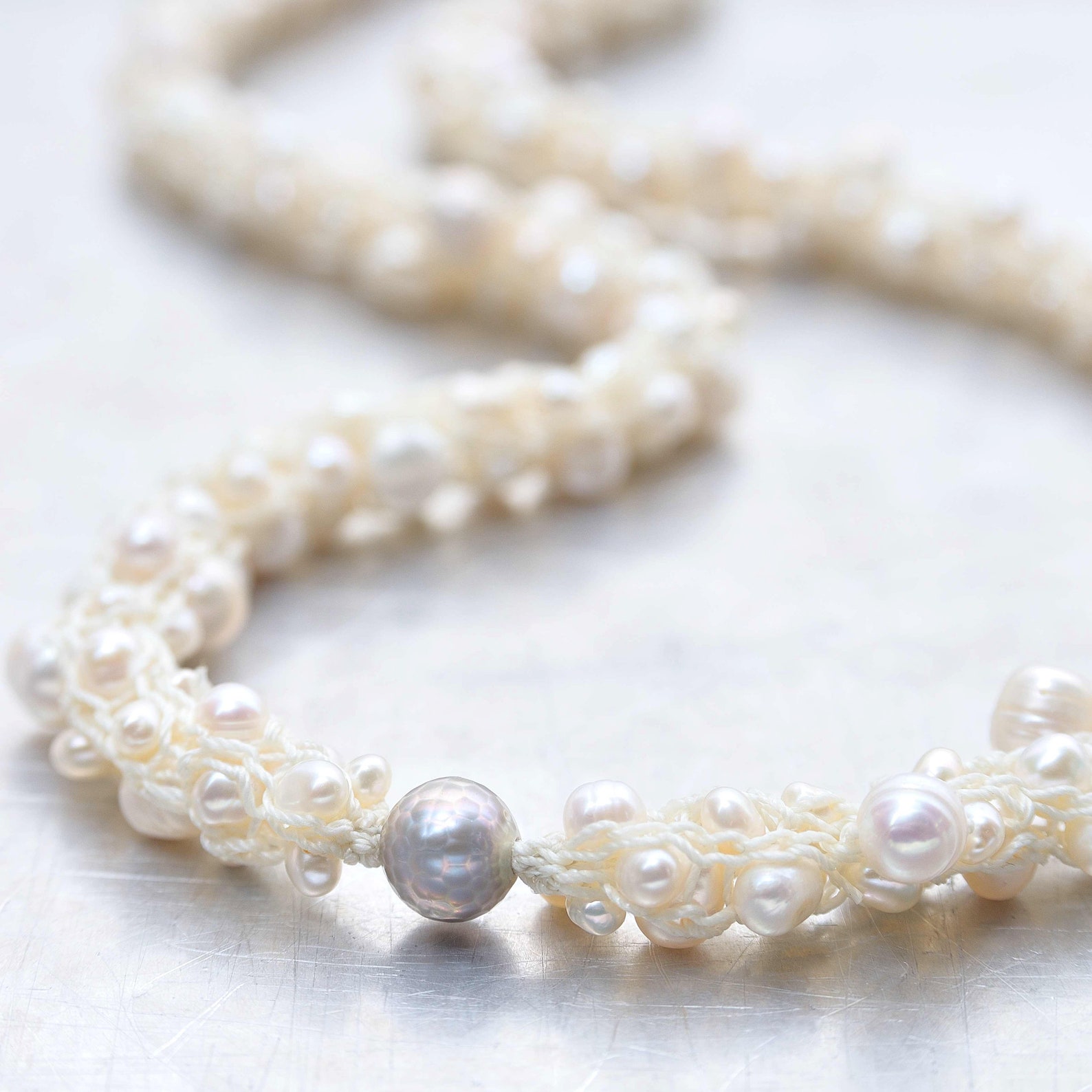 Freshwater Pearl Yarn Necklace Hand-knitted From Cream | Etsy